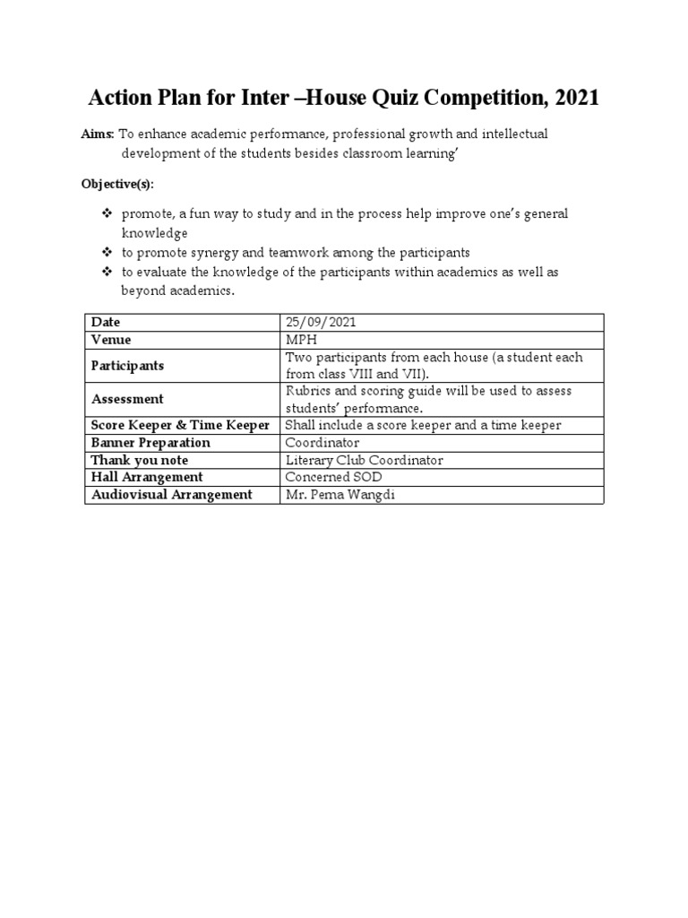 Inter-House Quiz Competition 2021 Plan | PDF | Career & Growth