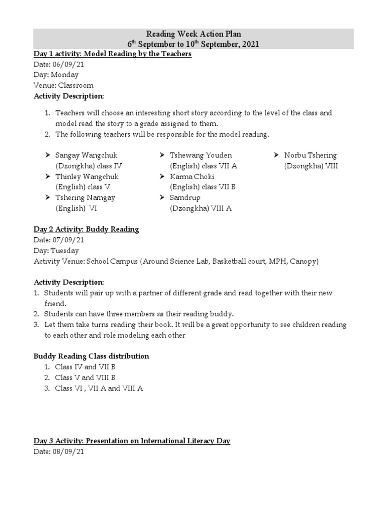 Reading Week Action Plan Detailed | PDF | Learning