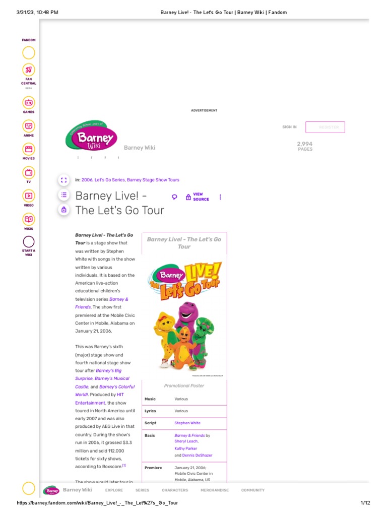Barney Live! - The Let's Go Tour - Barney Wiki - Fandom | PDF | Fandom