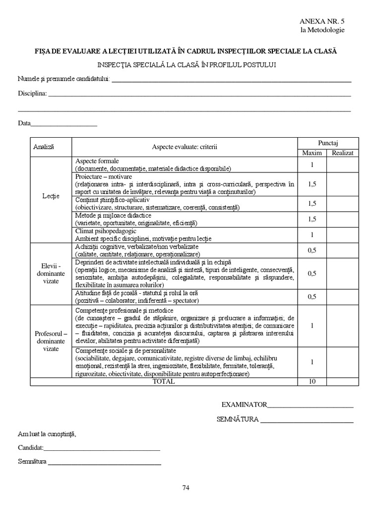 Fise-evaluare-inspectii-la-clasa-Anexa 5 Metodologie | PDF