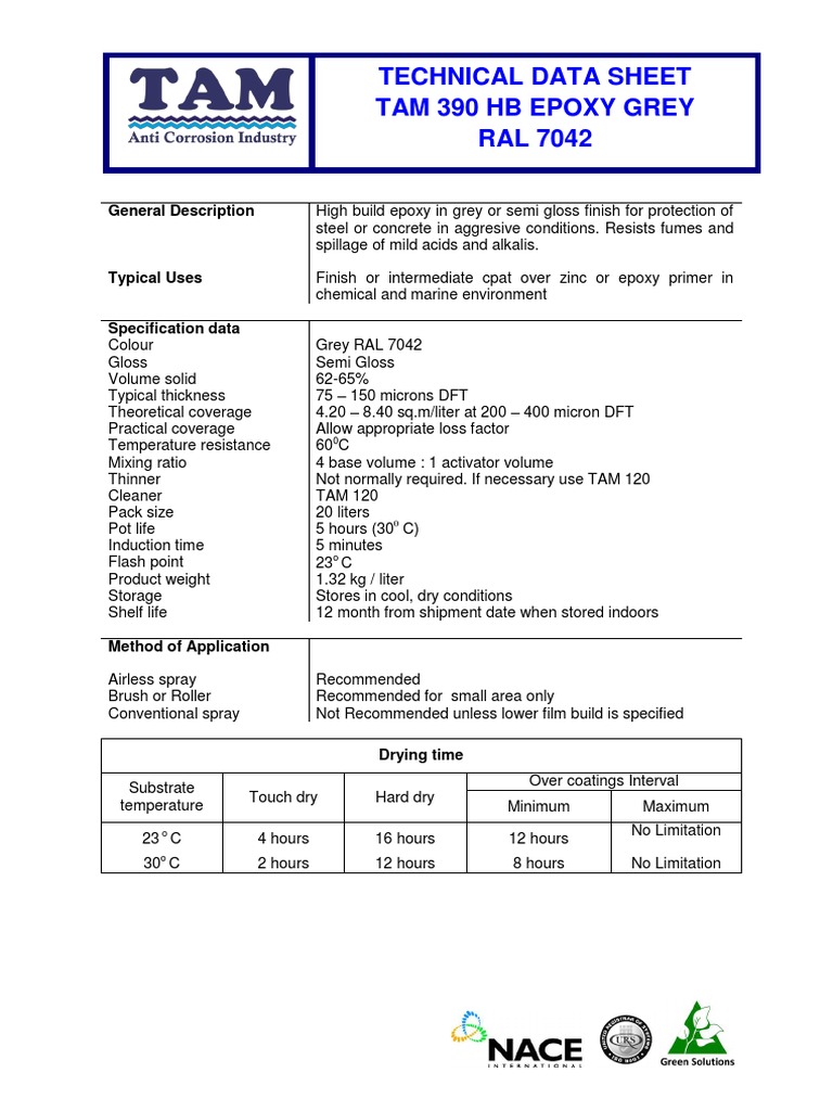 TDS Tam 390 High Build Epoxy Grey Ral 7042 | PDF | Paint | Corrosion