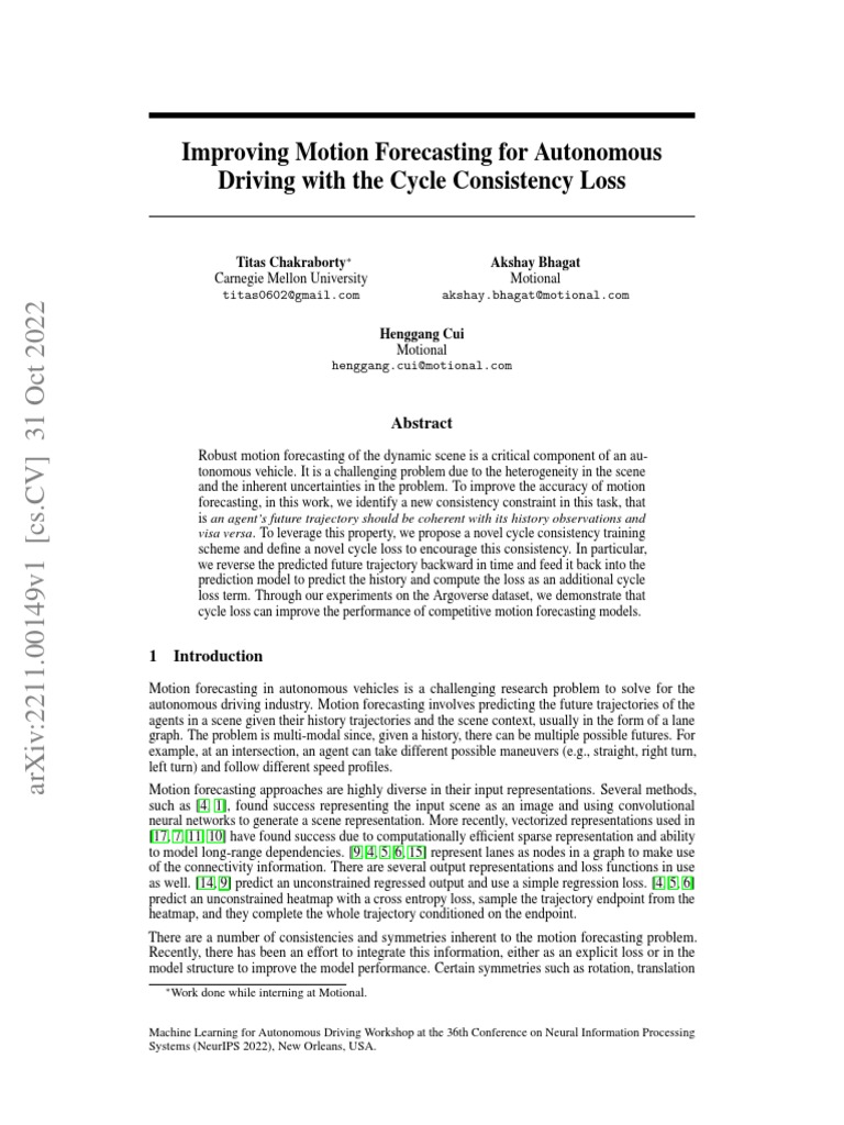 Cycle Consistency Loss for Motion Forecasting | PDF | Forecasting ...