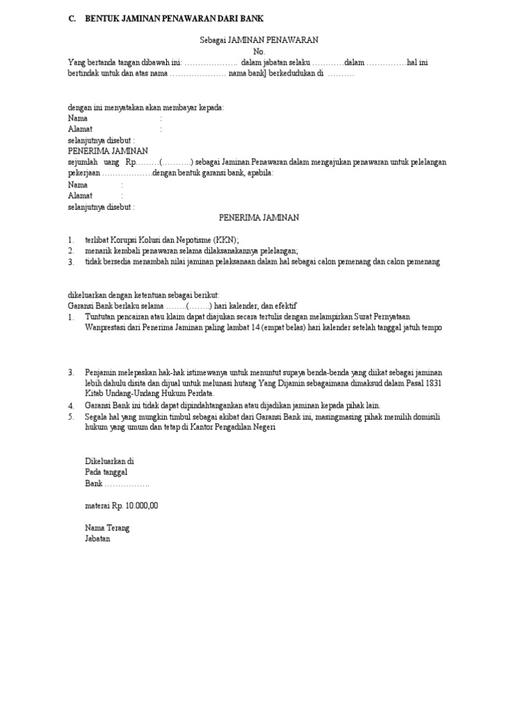 CONTOH Bentuk SURAT JAMINAN BANK | PDF