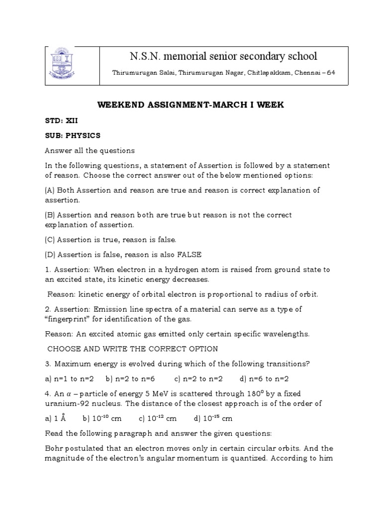 Physics Weekend Assignment XII | PDF | Science & Mathematics