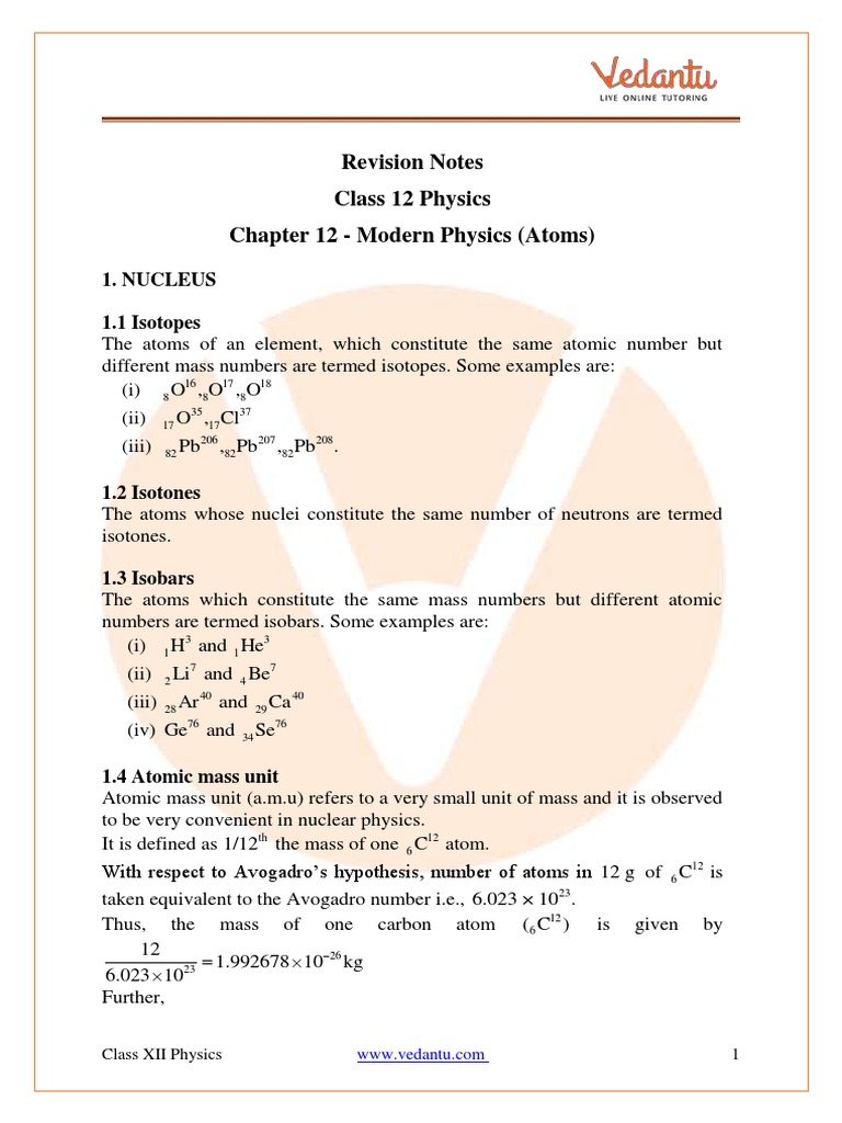 Class 12 Physics Revision Notes Atoms | PDF | Photoelectric Effect ...
