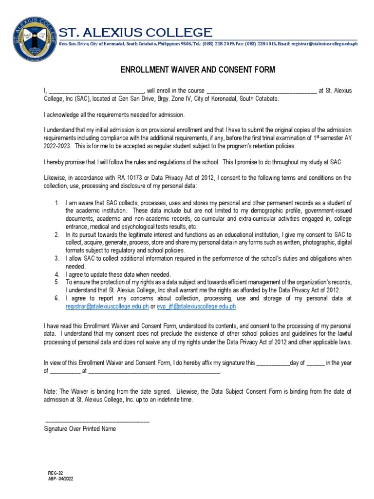 Enrollment Waiver and Consent Form New | PDF | Consent | Computing