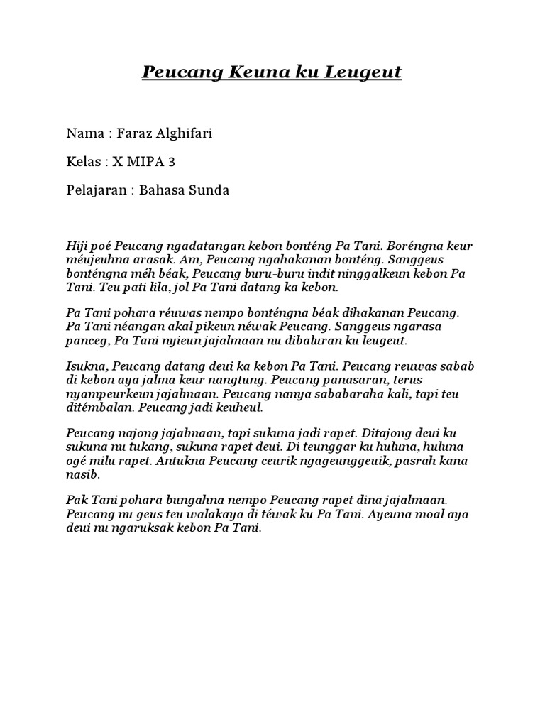 Peucang Keuna Ku Leugeut: Nama: Faraz Alghifari Kelas: X MIPA 3 Pelajaran: Bahasa Sunda | PDF