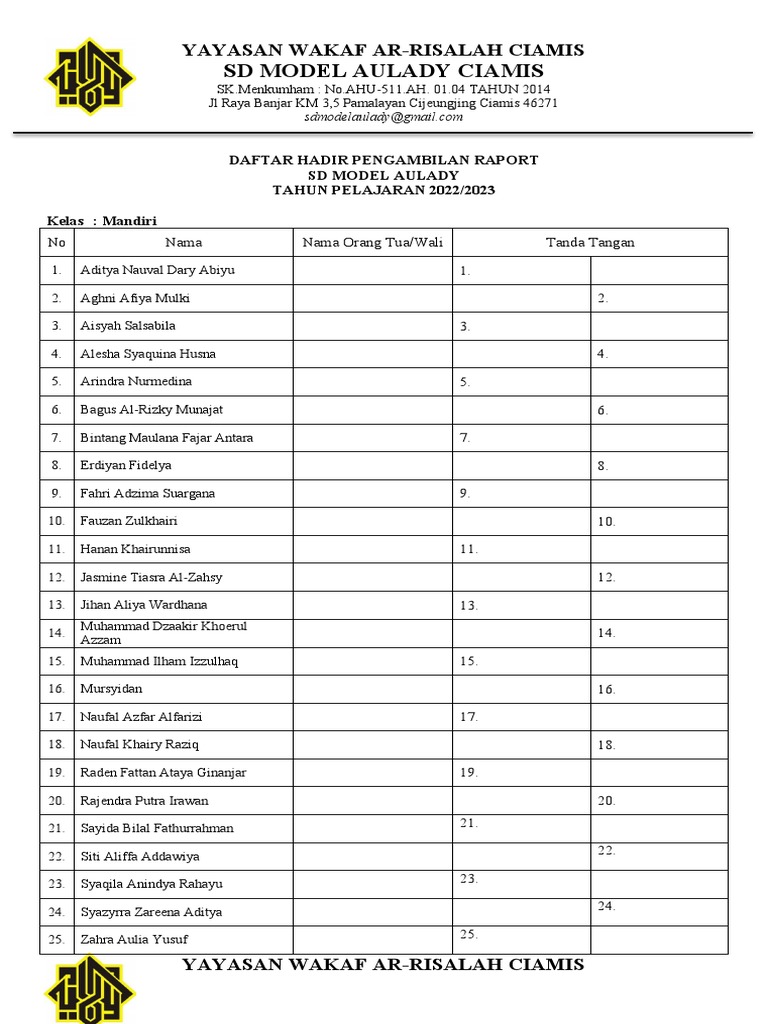 Daftar Hadir Pengambilan Rapot | PDF