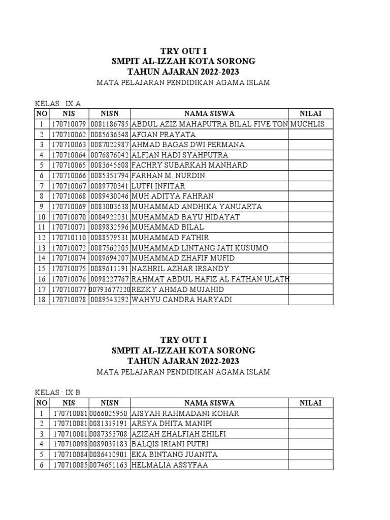 Format Penilaian Try OUt | PDF