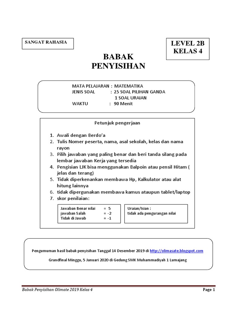 Soal Olimate 2019 - Level 2 B Kelas 4 | PDF