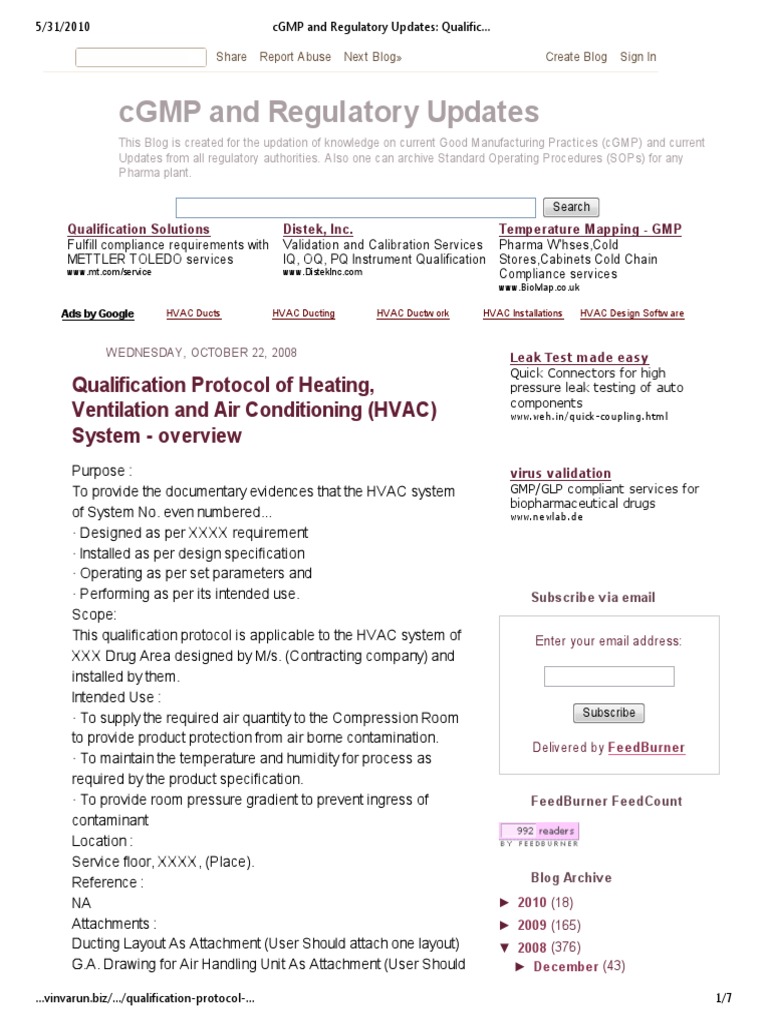 Qualification Protocol of Heating, Ventilation and Air Conditioning (HVAC) System - Overview ...