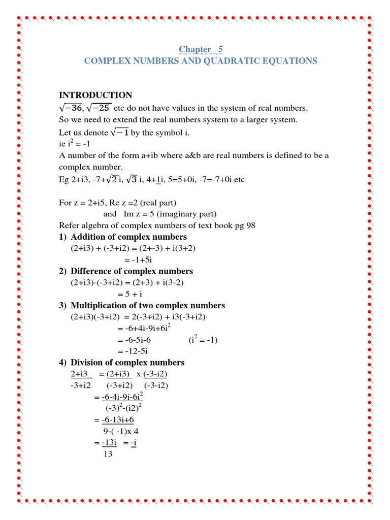 11 Maths Notes 05 Complex Numbers and Quadratic Equations | PDF ...