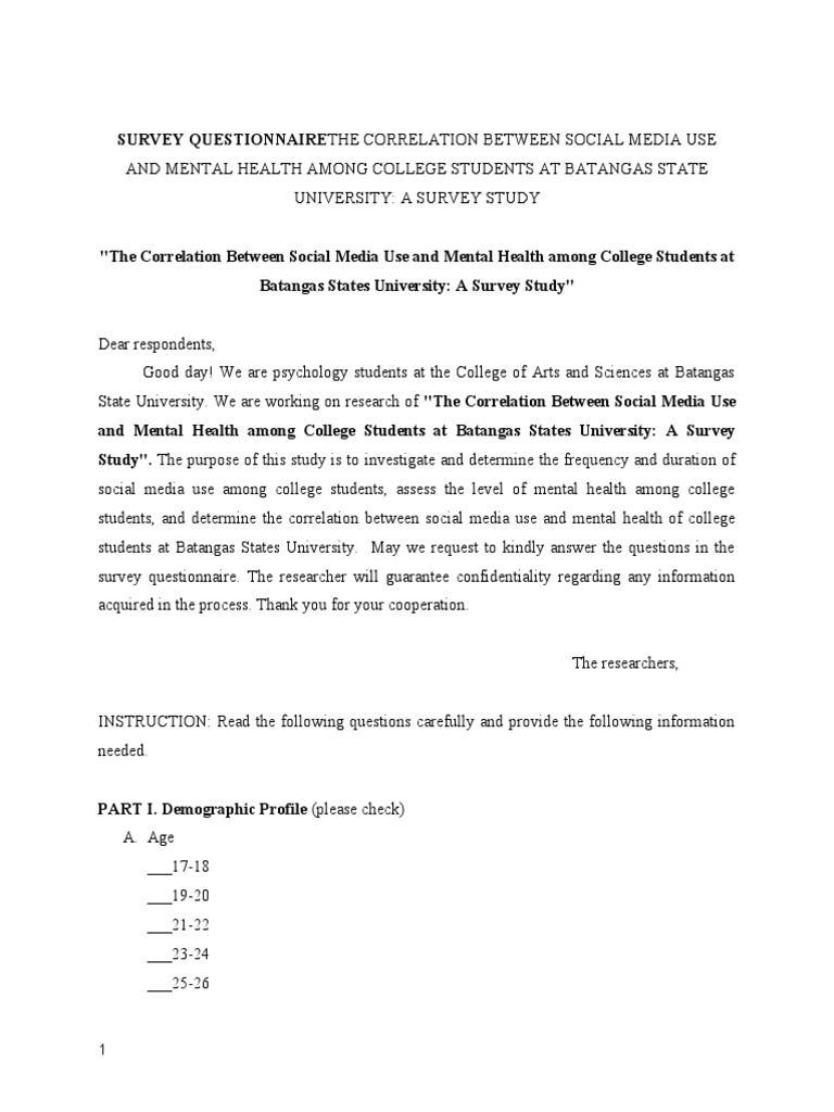 Survey Questionnairethe Correlation Between Social Media Use and Mental ...