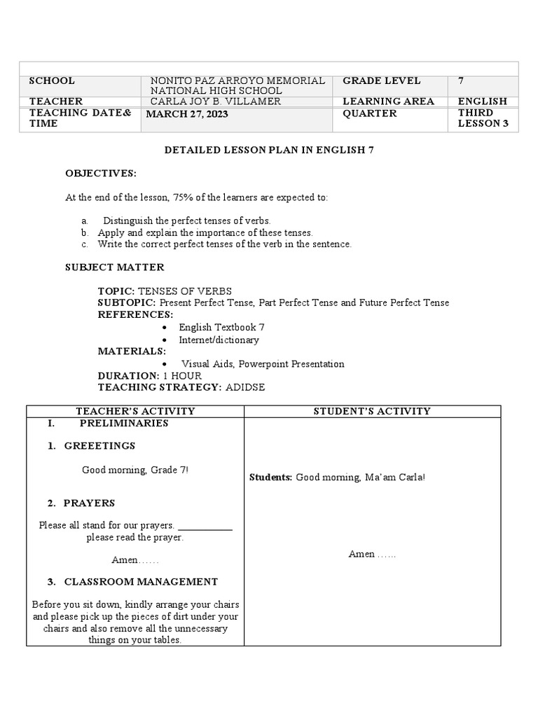English 7 LP (Perfect Tenses of Verb) | PDF | Perfect (Grammar ...
