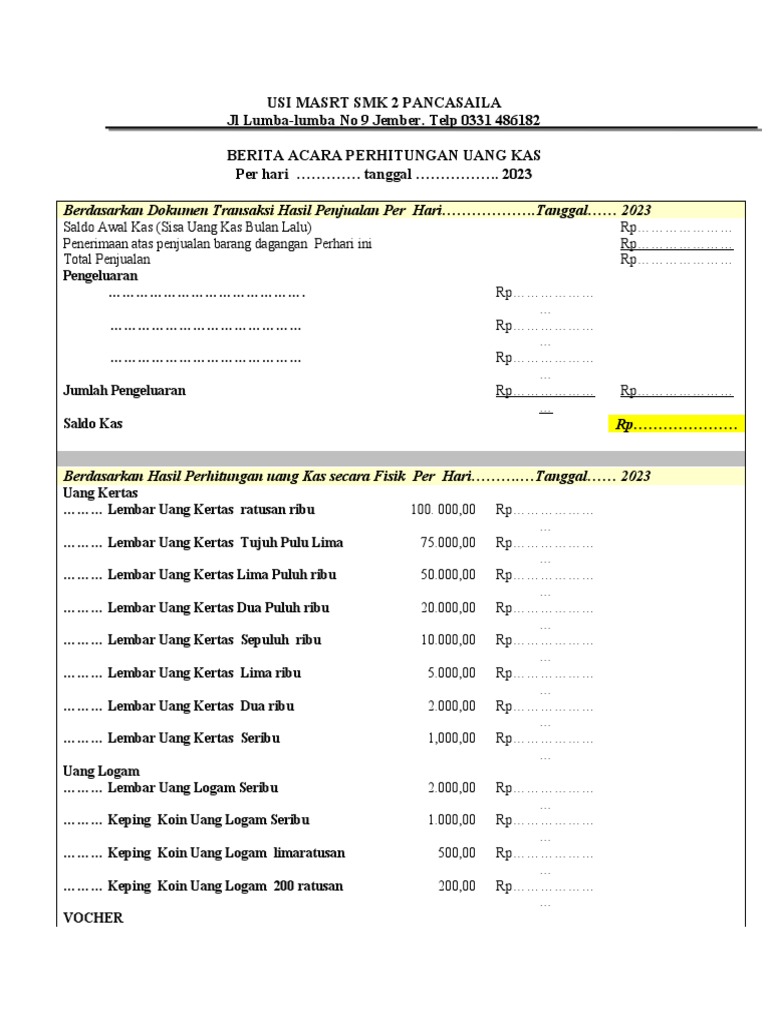 Berita Acara Perhitungan Uang Kas (Tunai) | PDF