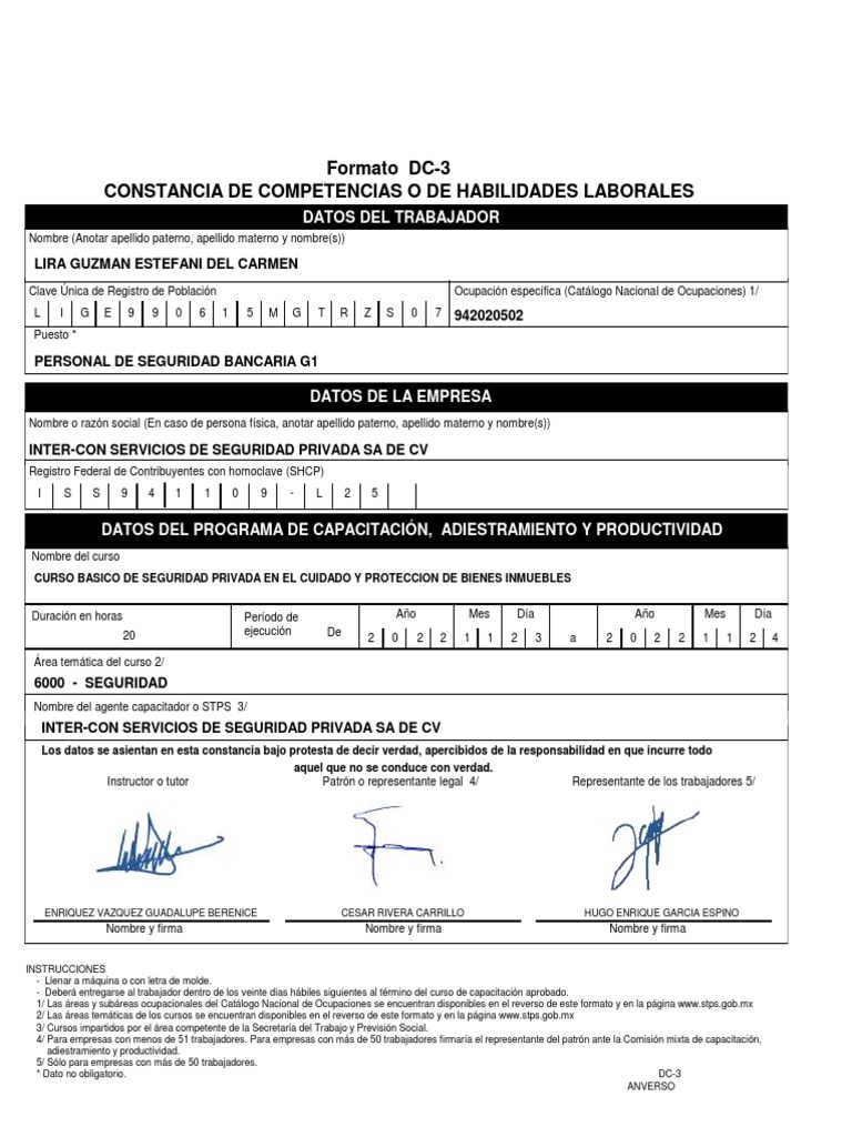 Constancia de Competencias O de Habilidades Laborales Formato DC-3 | PDF