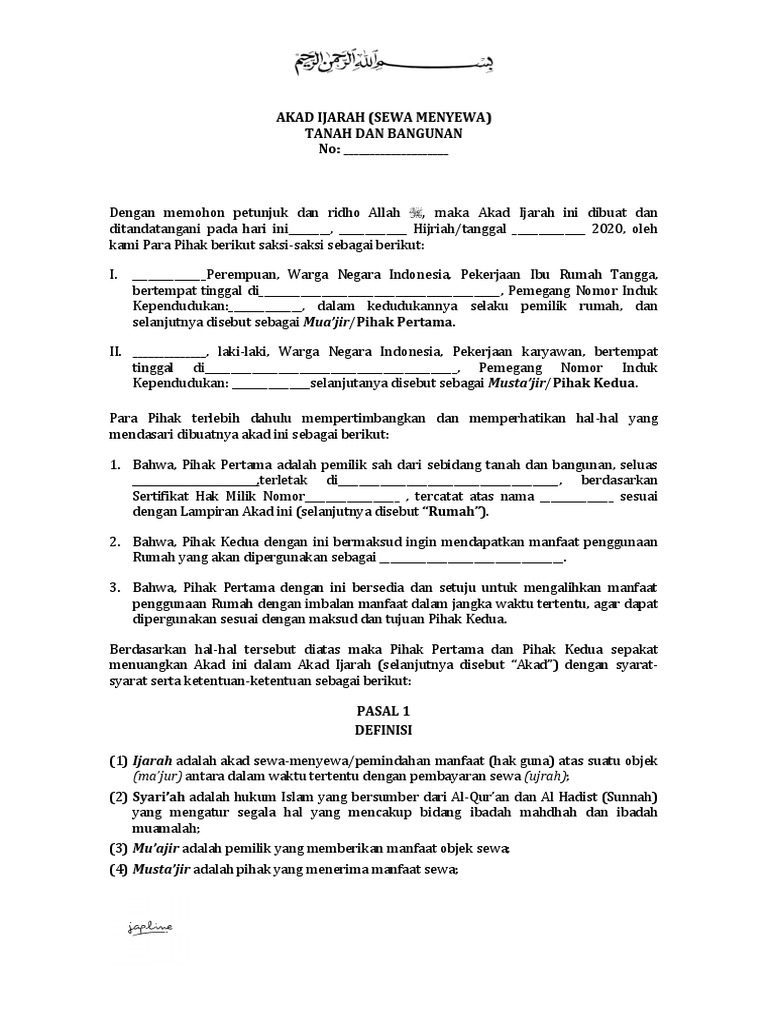 Contoh Perjanjian Sewa Menyewa Rumah Akad Ijarah | PDF