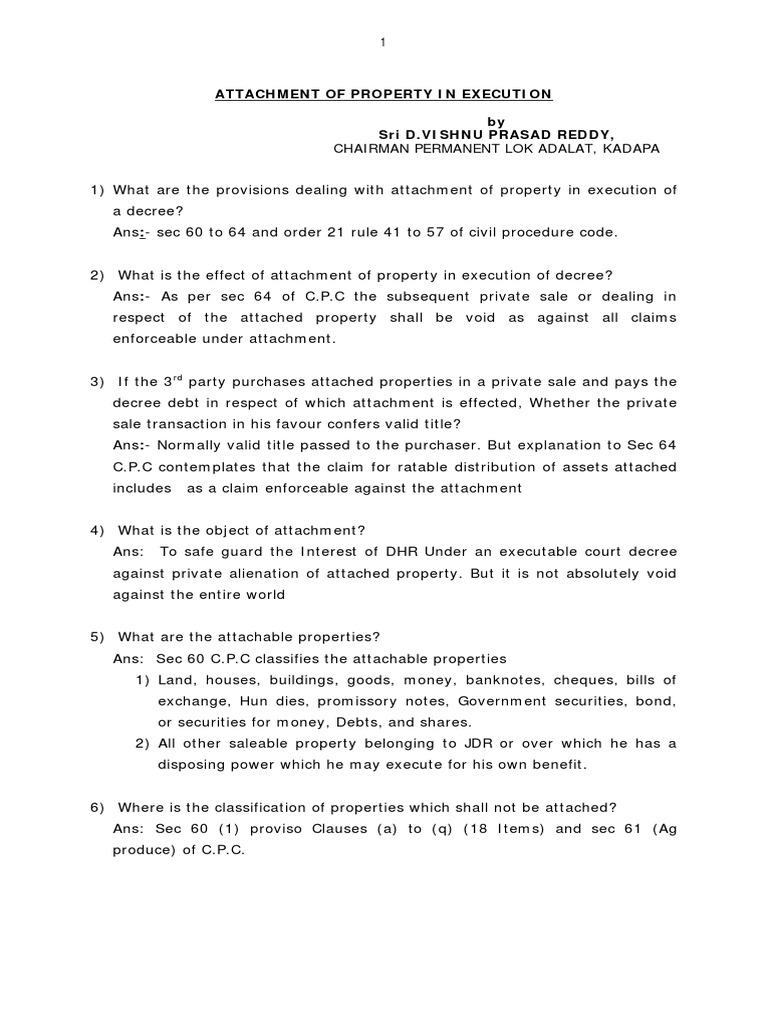 Attachment of Property in Execution - Sri D Vishnu Prasada Reddy | PDF ...