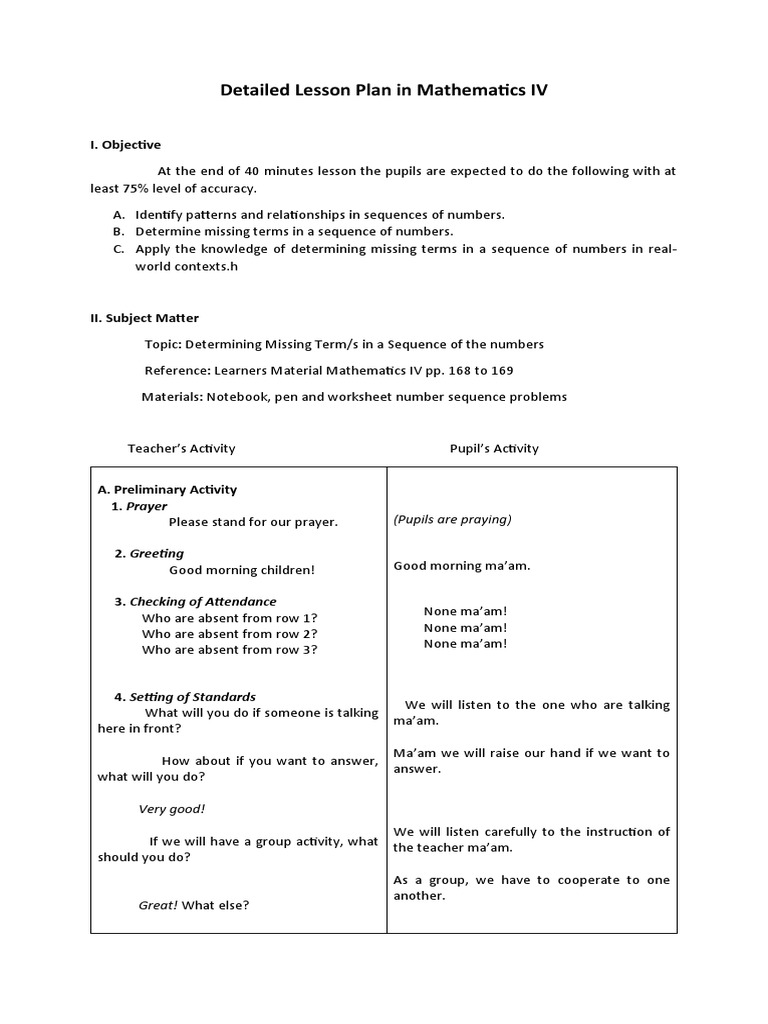 Detailed Lesson Plan in Mathematics IV: I. Objective | PDF | Numbers | Prayer