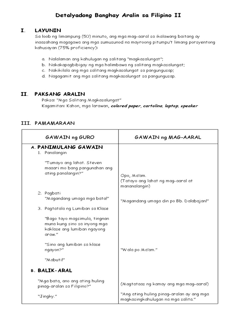 Detalyadong Banghay Aralin Sa Filipino I | PDF