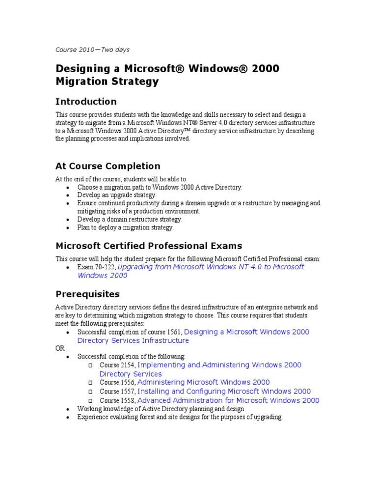 Designing A Microsoft® Windows® 2000 Migration Strategy: Course 2010-Two Days | PDF | Active ...