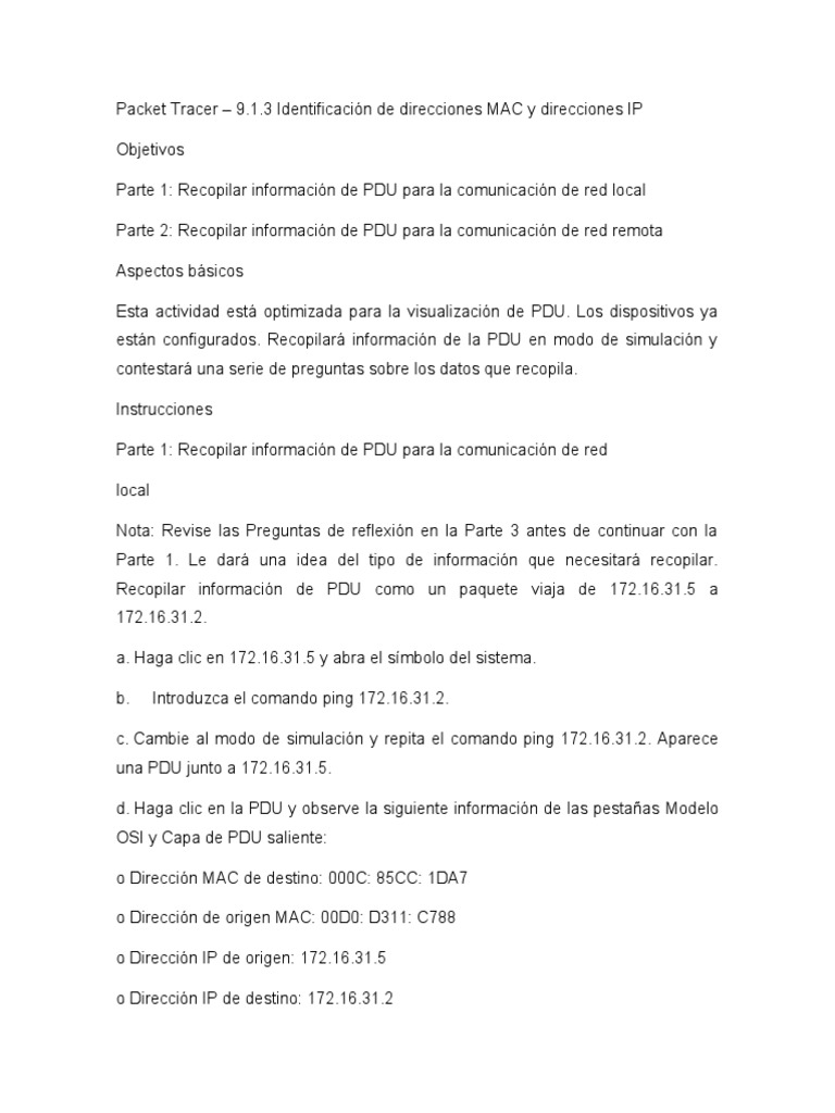 Packet Tracer - 9.1.3 Identificación de Direcciones MAC y Direcciones IP | PDF | Punto de acceso ...