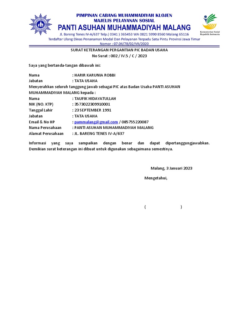 Surat Keterangan Pergantian PIC Badan Usaha | PDF