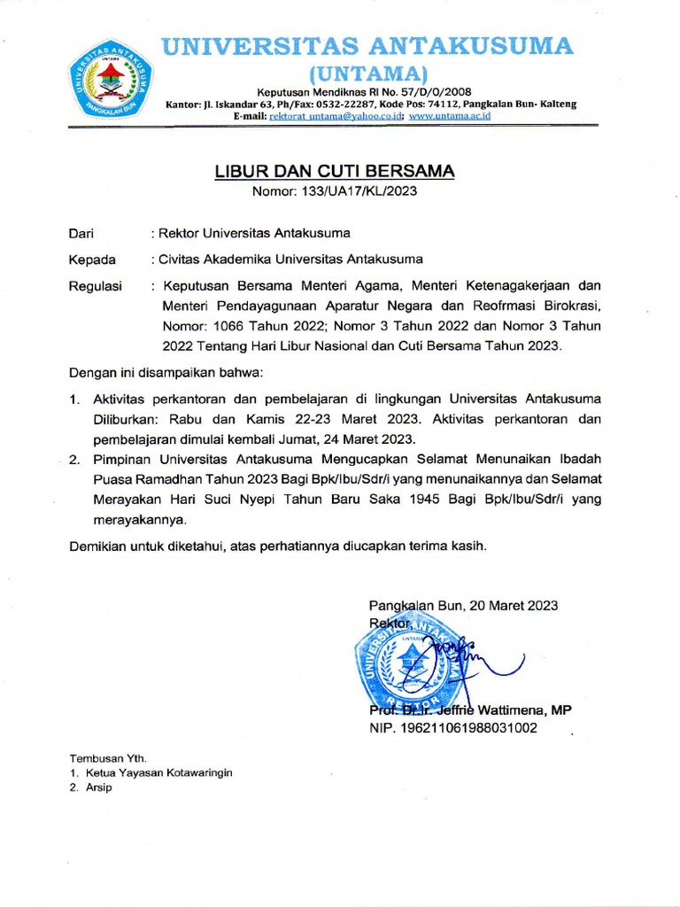 Libur Universitas Antakusuma Maret 2023 | PDF