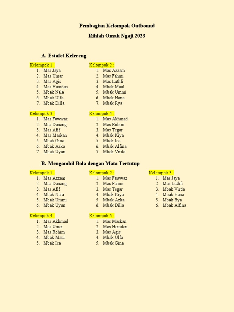Pembagian Kelompok Outbound | PDF