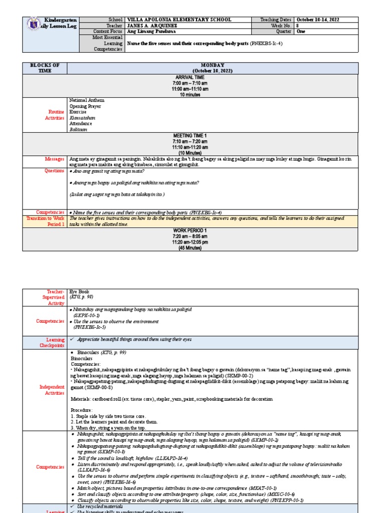 Kindergarten-DLL-MELC-Q1-Week 8-Day 1-OCT.10,2022 | PDF
