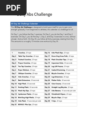 30 Day Abs Challenge Calendar