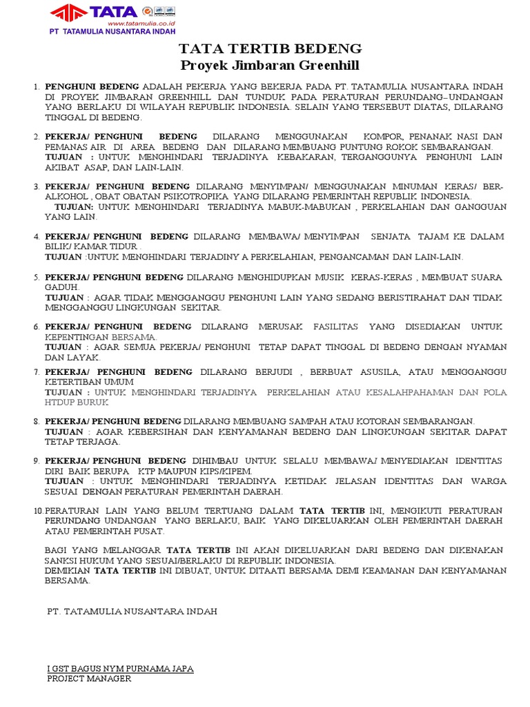 Tata Tertib Bedeng Proyek Jimbaran | PDF