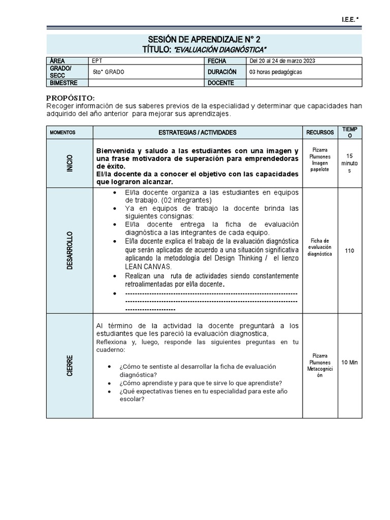 SESIÓN DE APRENDIZAJE de Evaluacion Diagnostica | PDF | Evaluación | Cognición