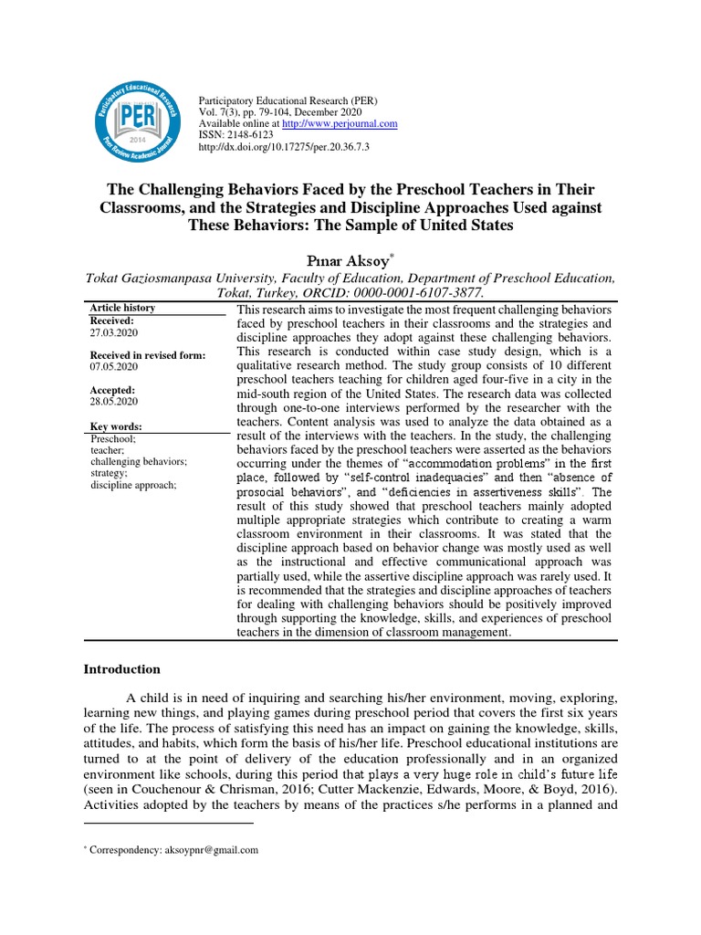 The Challenging Behaviors Faced By The Preschool Teachers In Their