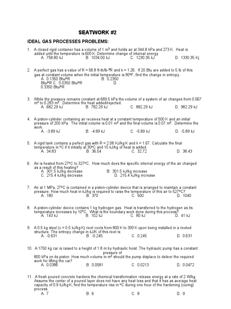 Seatwork No. 2 | PDF | Heat | Gases