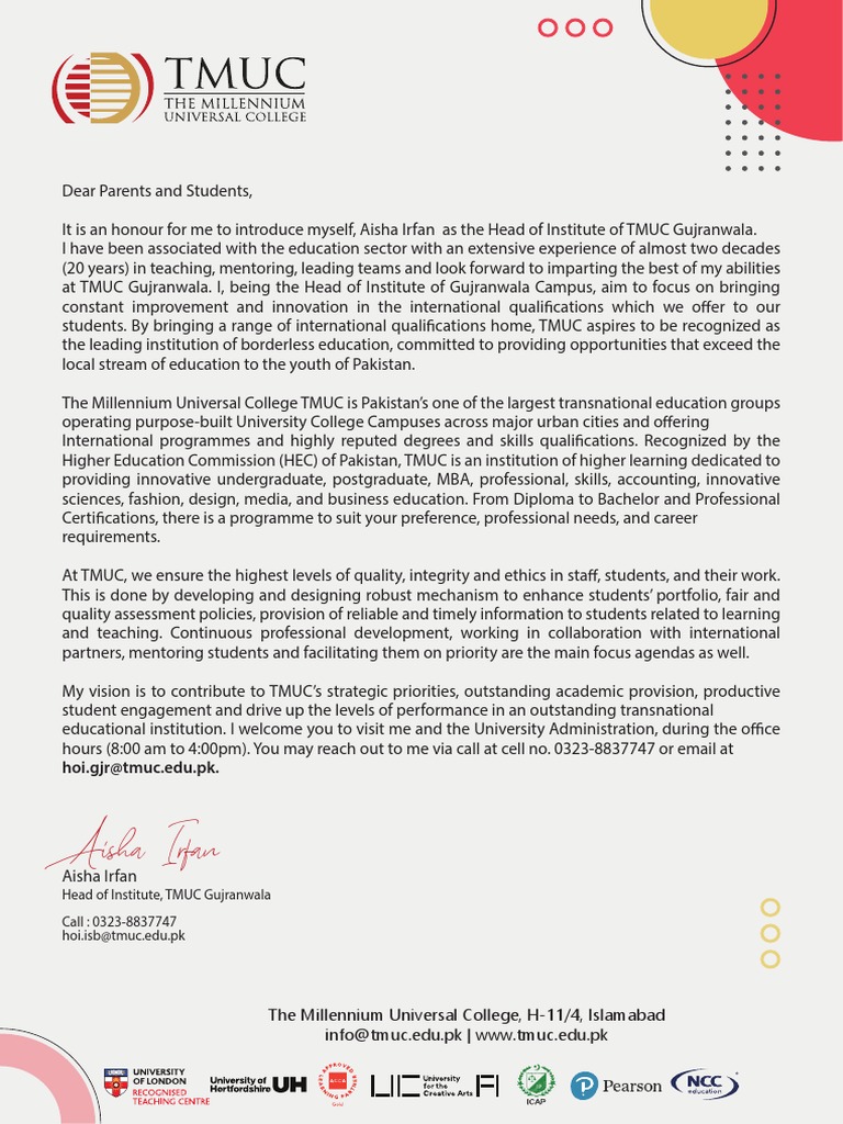 Aisha Irfan Letter | PDF | Educational Stages