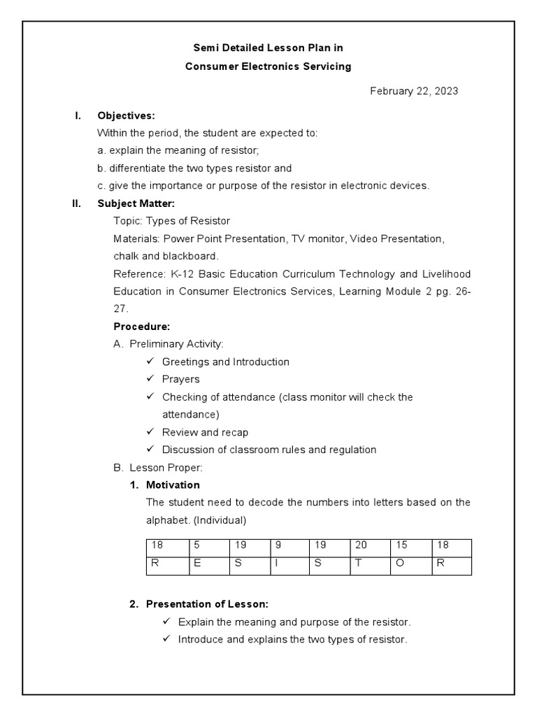 Semi Detailed Lesson Plan in Consumer Electronics Servicing | PDF ...