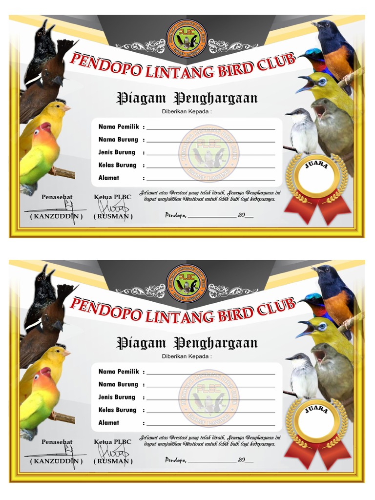 Piagam Lomba Burung | PDF