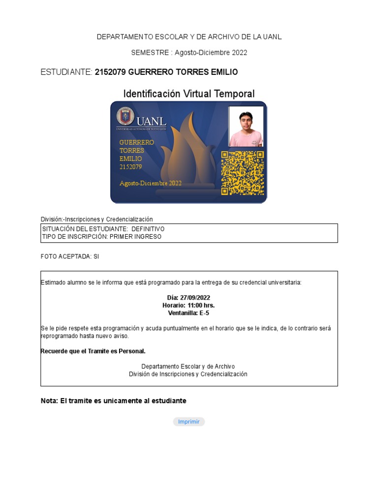 Credencial UANL: Entrega 27/09/2022 | PDF