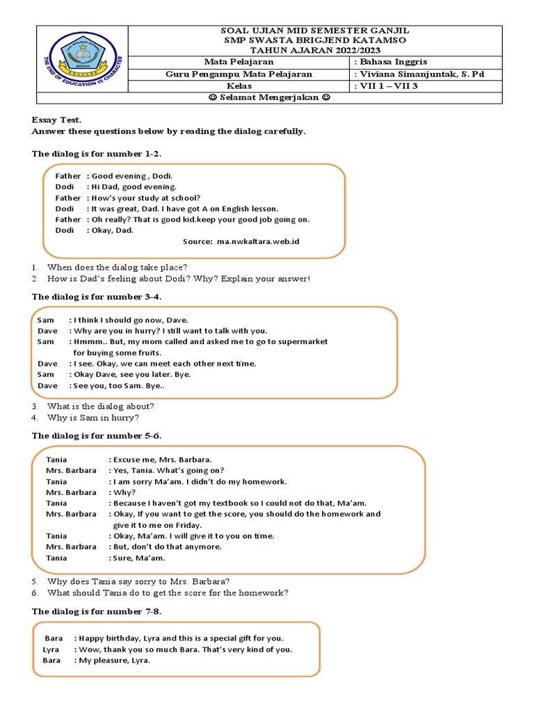 Soal UTS Semester Ganjil Kelas VII 1 - VII 3 2022 | PDF Soal UTS Semester Ganjil Kelas VII 1 - VII 3 2022 | PDF