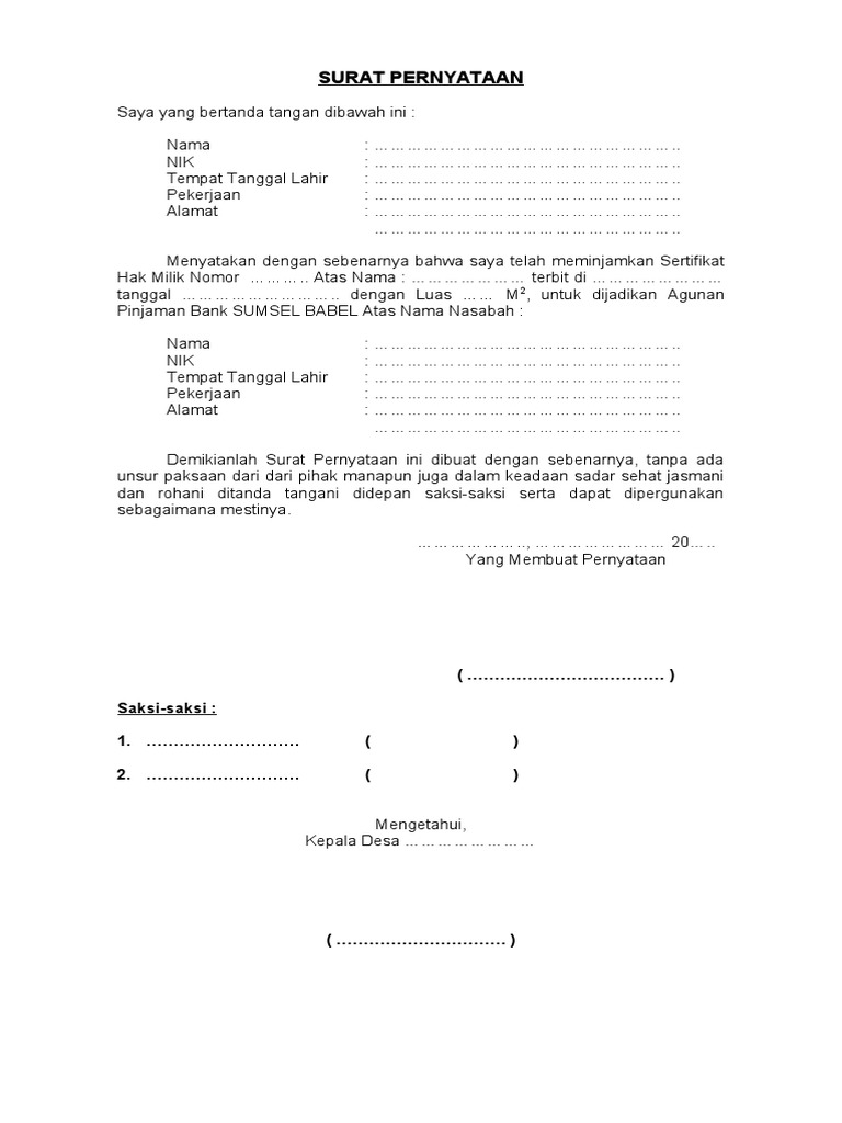 Surat Pernyataan Peminjaman SHM | PDF