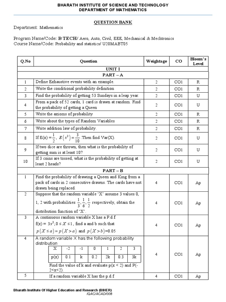 Question Bank for Probability and Statistics: Topics Covering Binomial ...