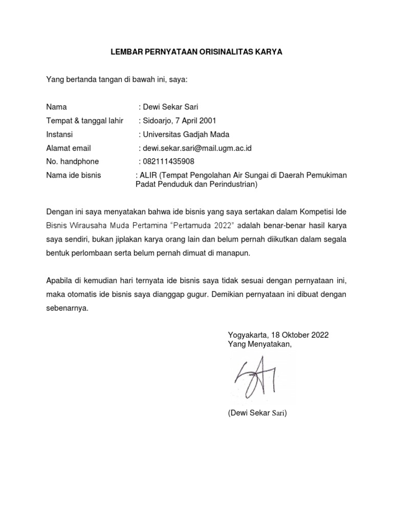 Contoh Template Surat Orisinalitas | PDF