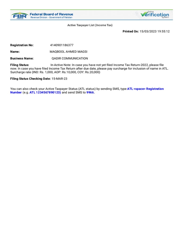 Active Taxpayer List (Income Tax) : ATL Registration Number ATL ...