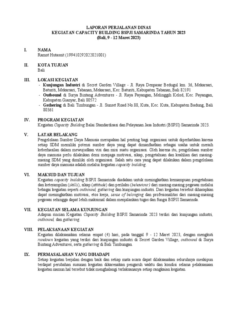 Laporan SPPD Kegiatan Capacity Building 2023 (Bali, 9-12 Maret 2023) | PDF