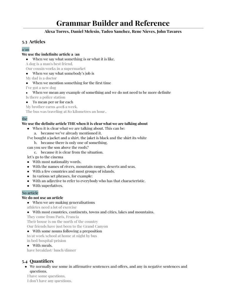 Articles and Quantifiers Guide | PDF | Noun | Plural