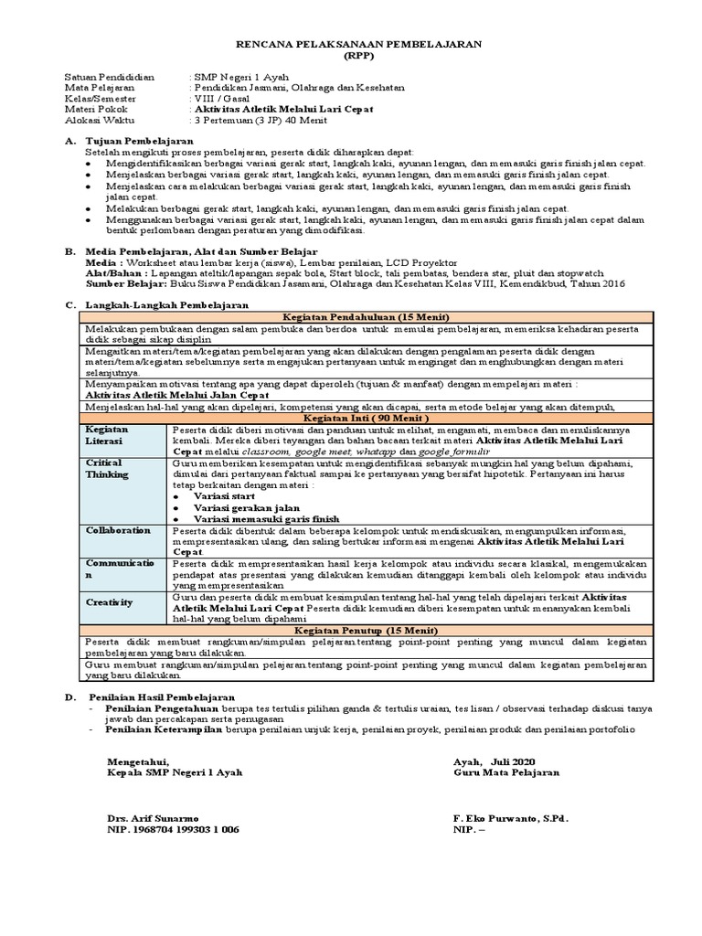 RPP 1 Lembar Pjok Kelas 8 - LARI JARAK PENDEK | PDF