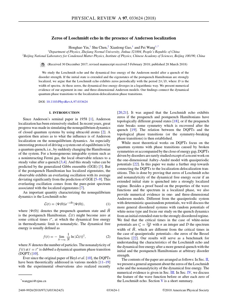 Zeros of Loschmidt Echo in The Presence of Anderson Localization | PDF