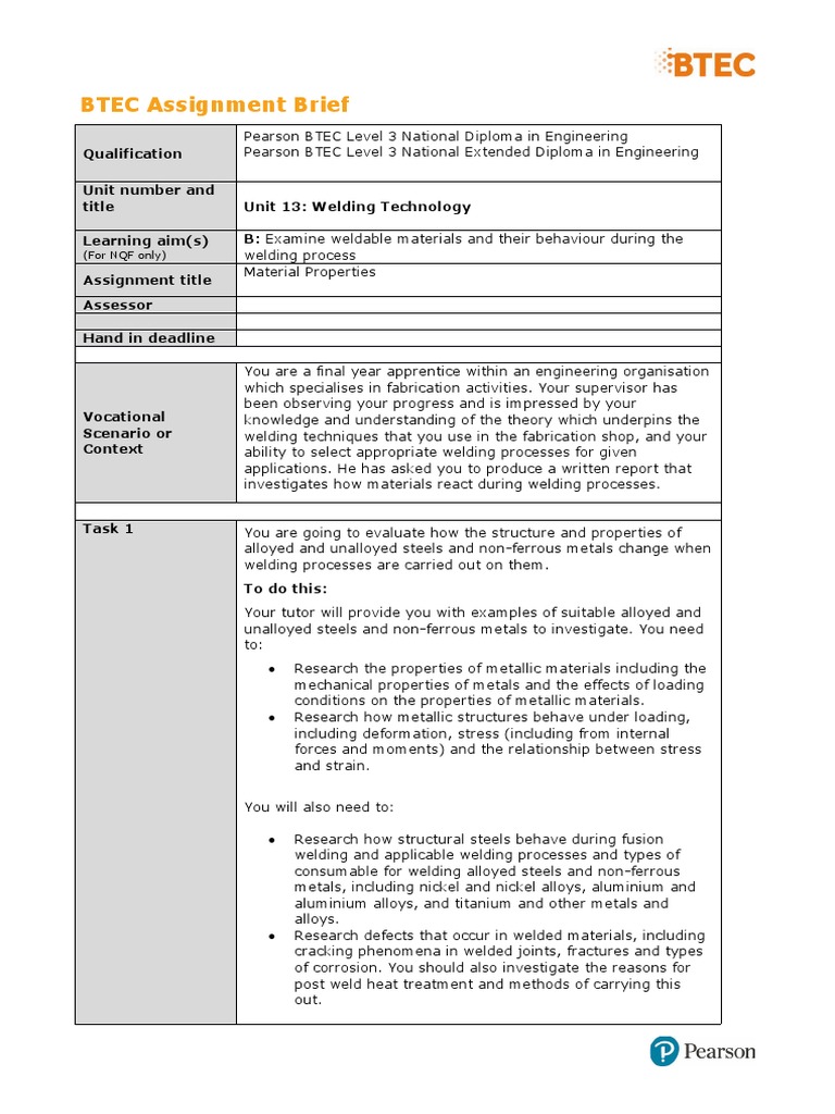 BTEC Assignment Brief | PDF | Construction | Welding