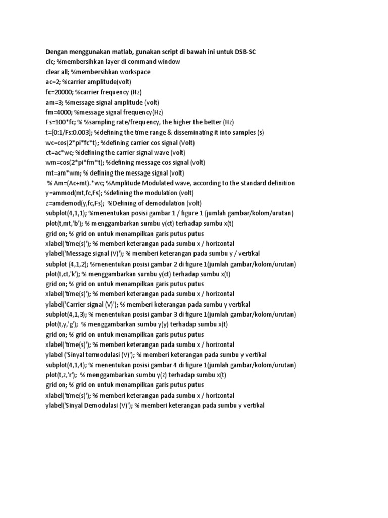 Dengan Menggunakan Matlab, Gunakan Script Di Bawah Ini Untuk DSB-SC | PDF